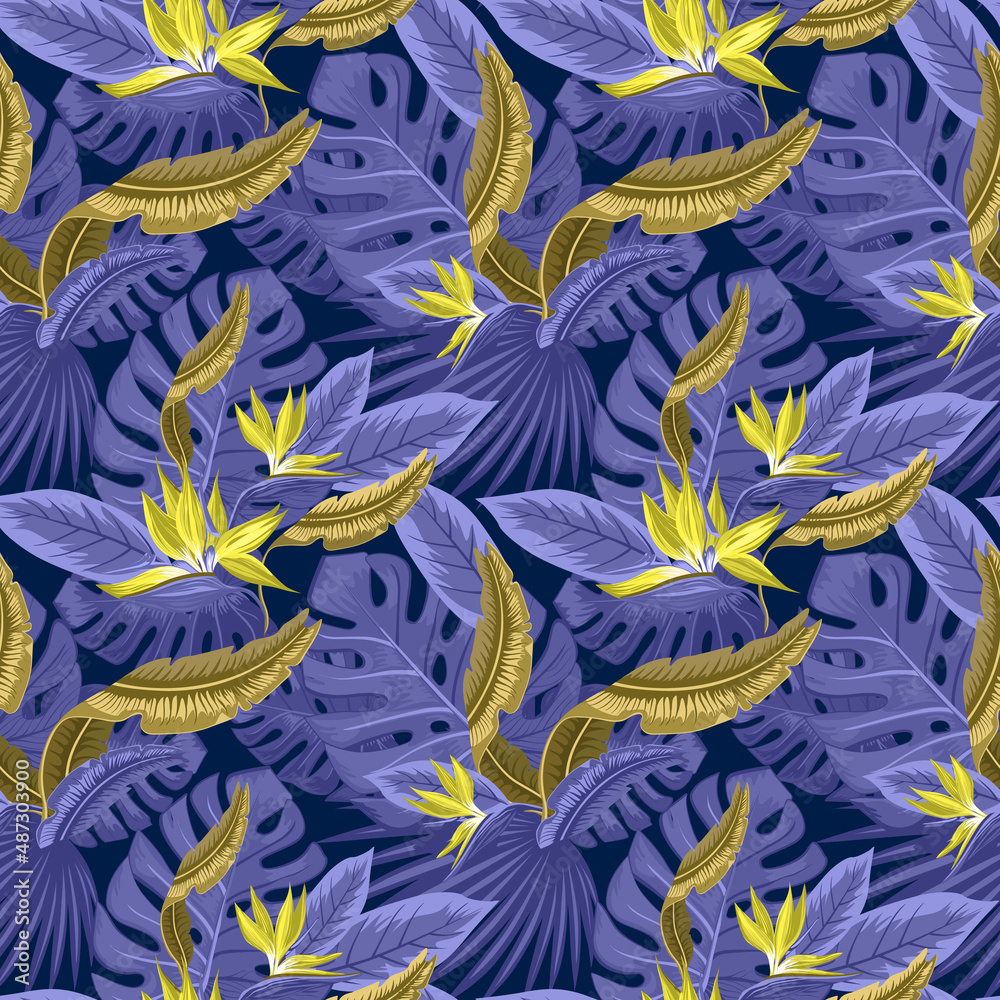 Seamless tropical pattern, vivid tropic foliage, with monstera leaf ...
