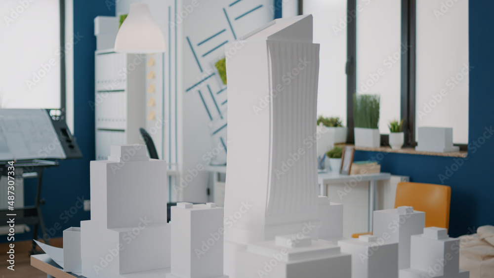 Close up of building model and maquette design on table to create urban ...