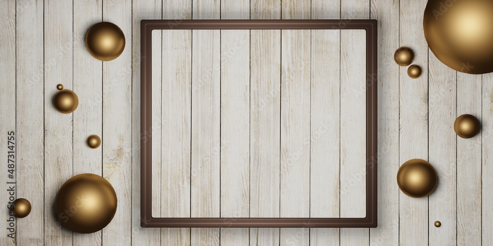 Square frame on wooden wall for displaying messages. Label background ...