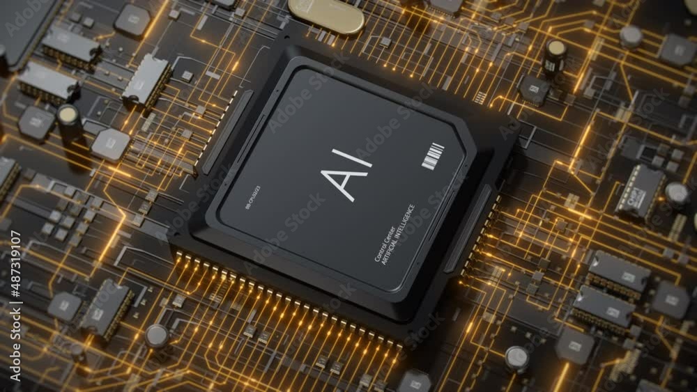 Advanced CPU computer circuit, data impulses, signals goes through ...