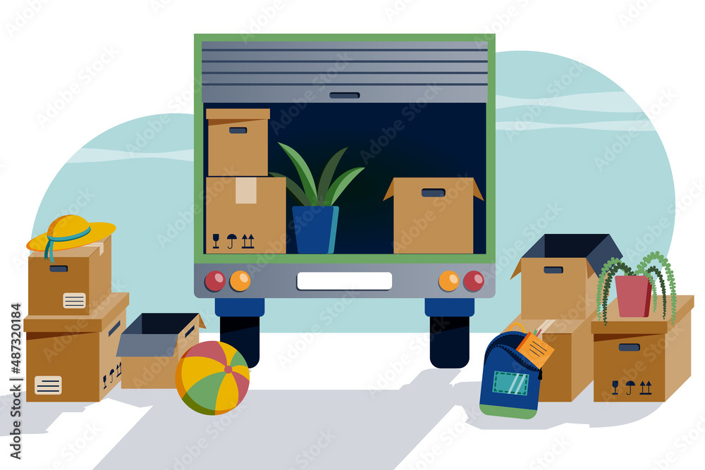 Moving out vector illustration. Van or truck with open back sliding ...