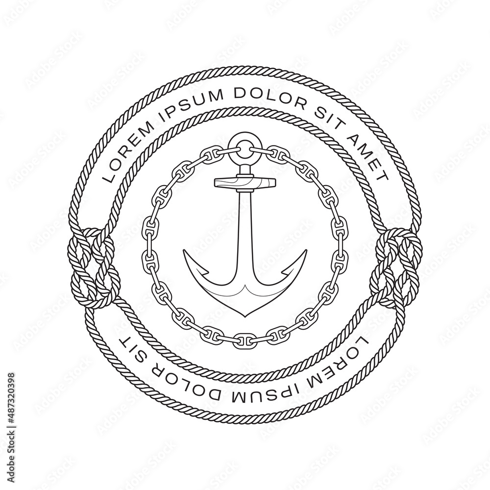 Vector black line circular nautical symbol formed by a tangled rope and ...