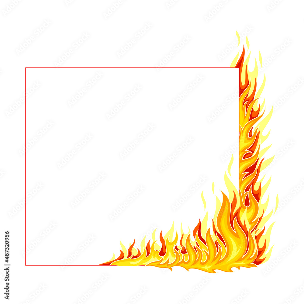 Fire Square Frame with Hot Burning Tongue of Flame and Border Line ...