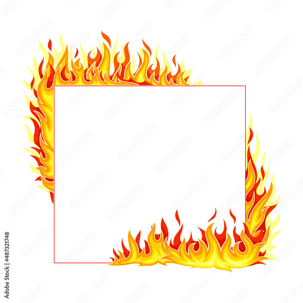 Fire Square Frame with Hot Burning Tongue of Flame and Border Line ...