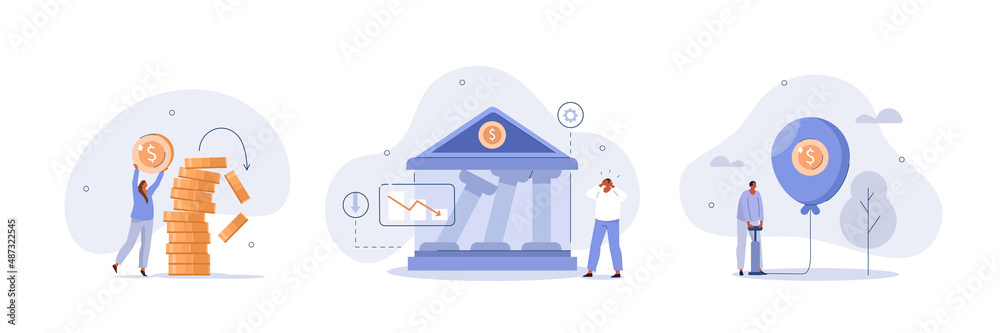 Financial crisis illustration set. Characters suffering from financial ...