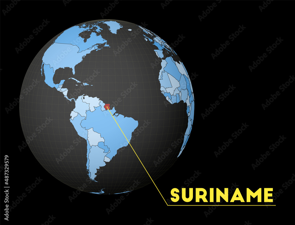 Suriname on dark globe with blue world map. Red country highlighted ...