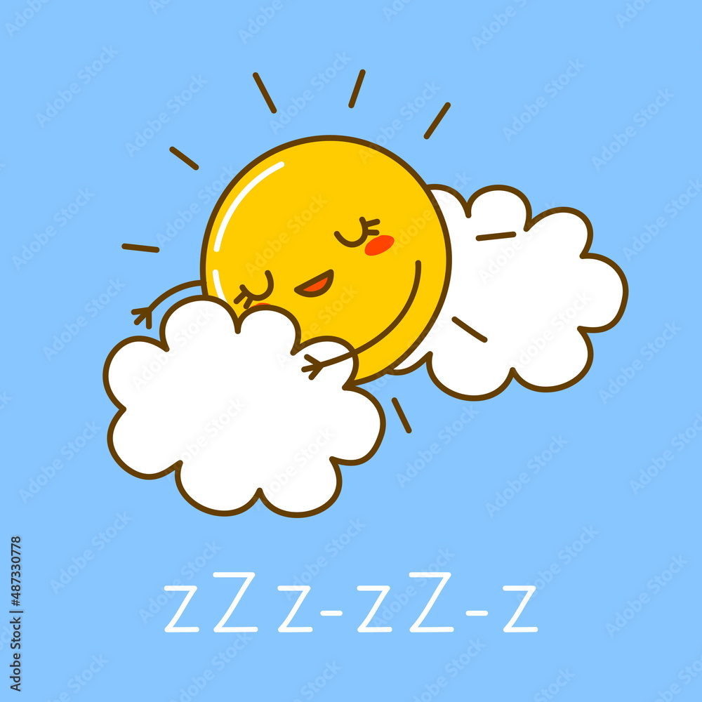 Cartoon sleeping Sun character on blue sky background for funny summer ...