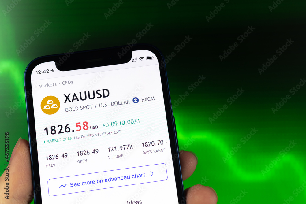 XAU USD gold stock trade price chart, green finance background. Logo ...