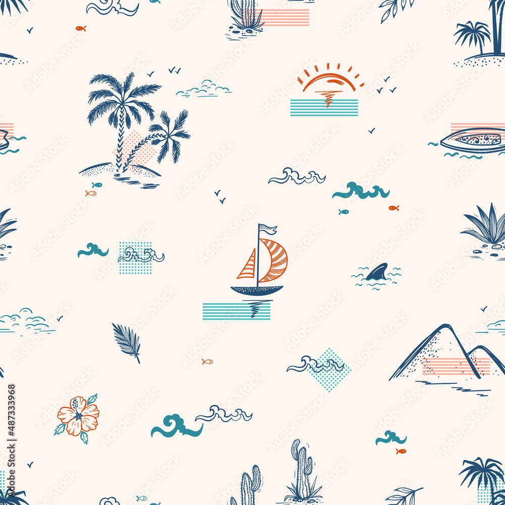 Vacation Theme. Summer Seascape Seamless Pattern. Palm trees, Islands ...