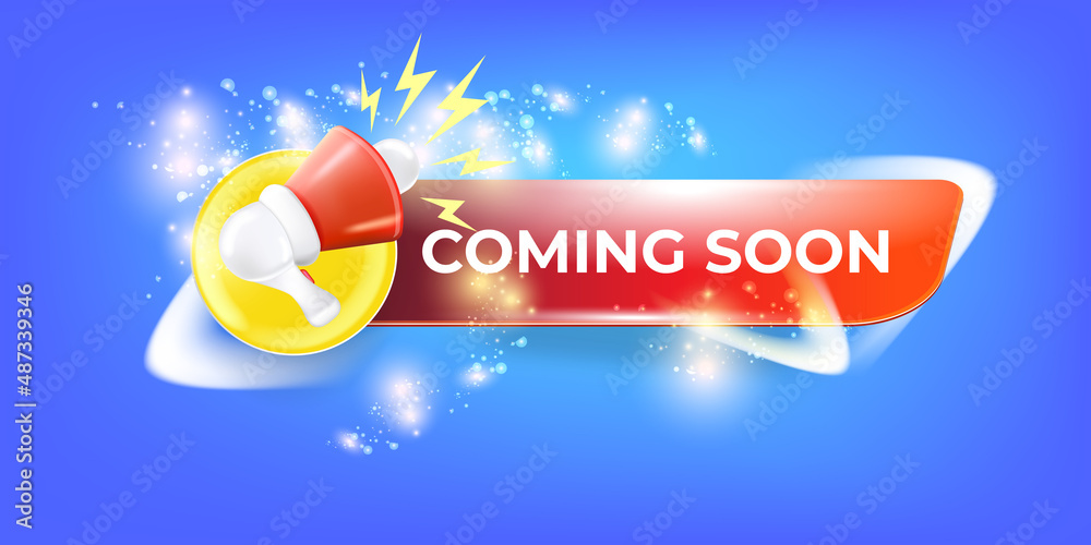 Coming soon horizontal banner with megaphone and button on blue modern ...