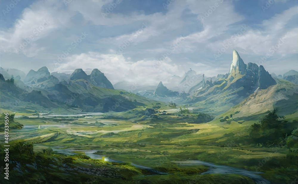 Fabulous fantasy landscape of mountains, amazing view of the rocks and the valley. Mystical ...