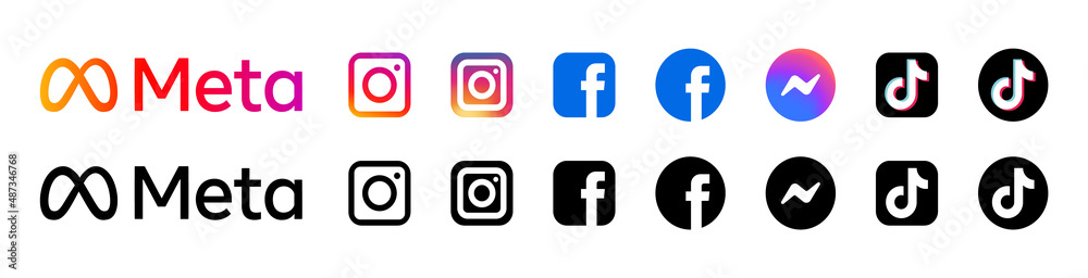 Meta logo. Facebook, Meta, Instagram, Tik tok, Messenger icons. Meta ...