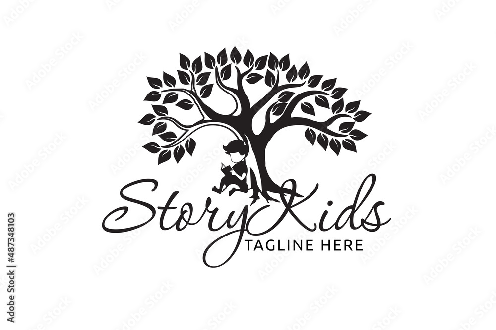 story kids logo with a child sitting reading a book under a shady tree ...