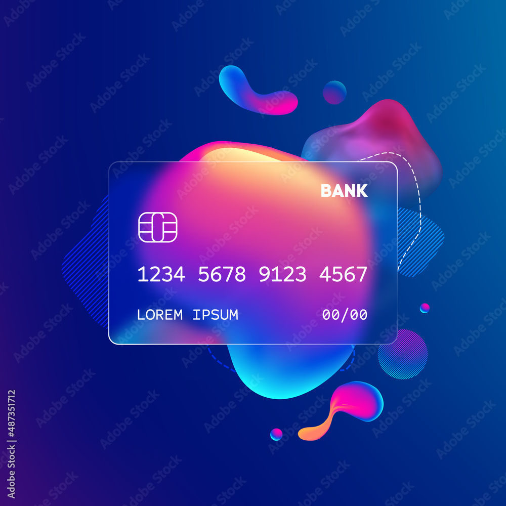 Glass morphism credit card template. Plastic rectangle of transparent ...