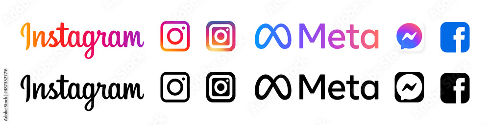 Meta, Instagram logo. Facebook, Meta, Instagram, Messenger icons. Meta ...
