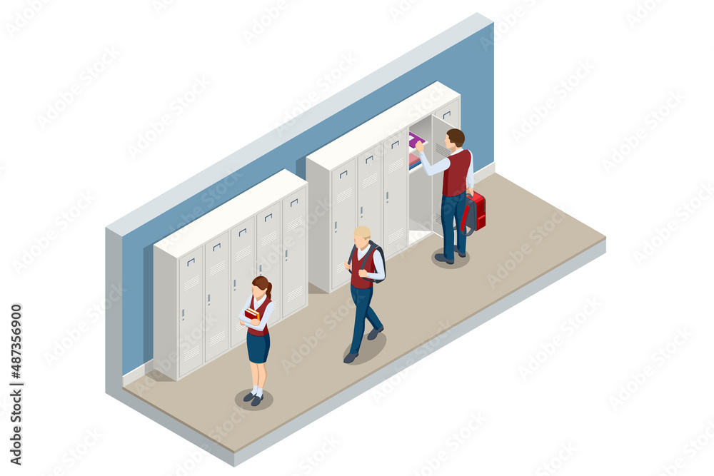 Isometric School lockers isolated in white background. Student in ...