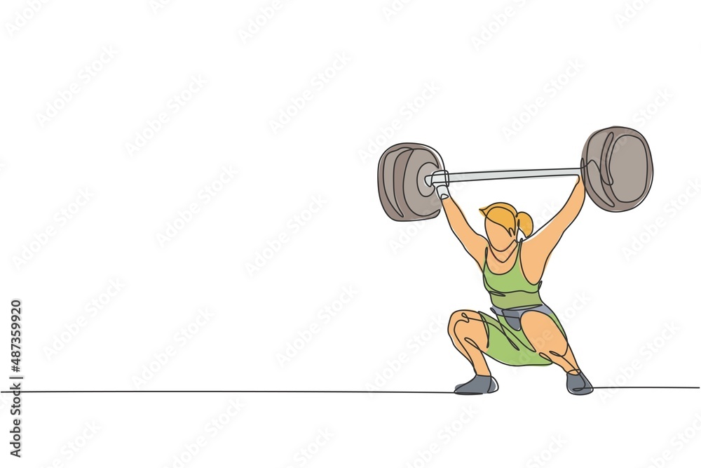 One single line drawing of fit young athlete muscular woman lifting ...