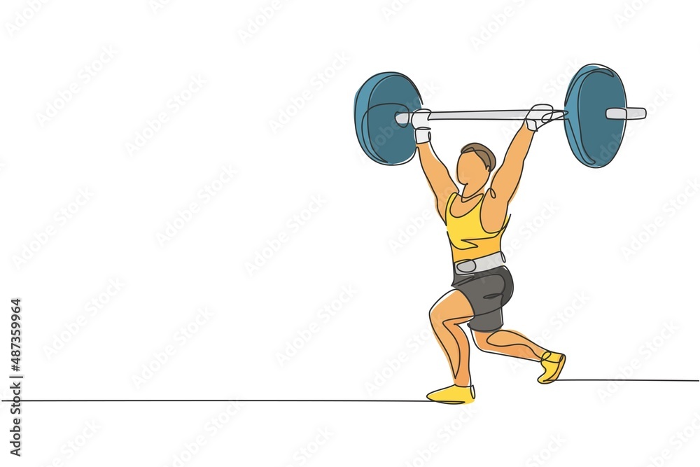 One continuous line drawing of young bodybuilder man doing exercise ...