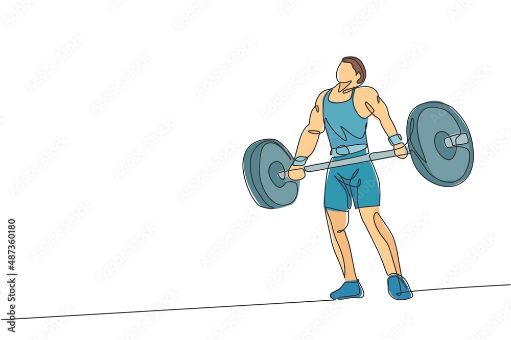 One continuous line drawing of young bodybuilder man doing exercise ...