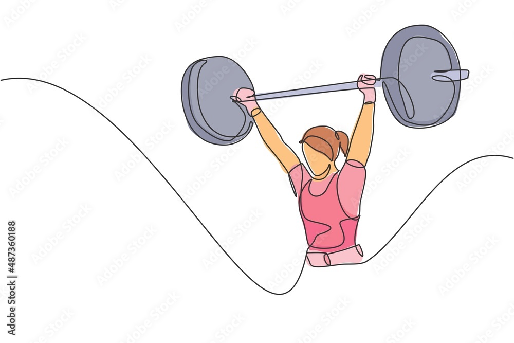 One single line drawing of fit young athlete muscular woman lifting ...