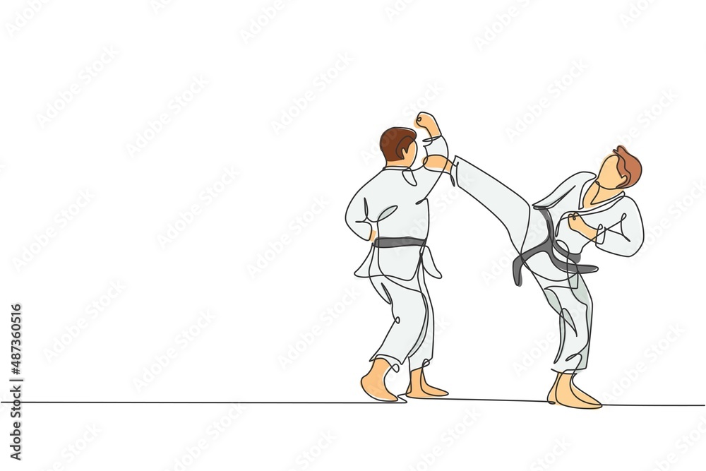 Single continuous line drawing two young confident karateka men in ...