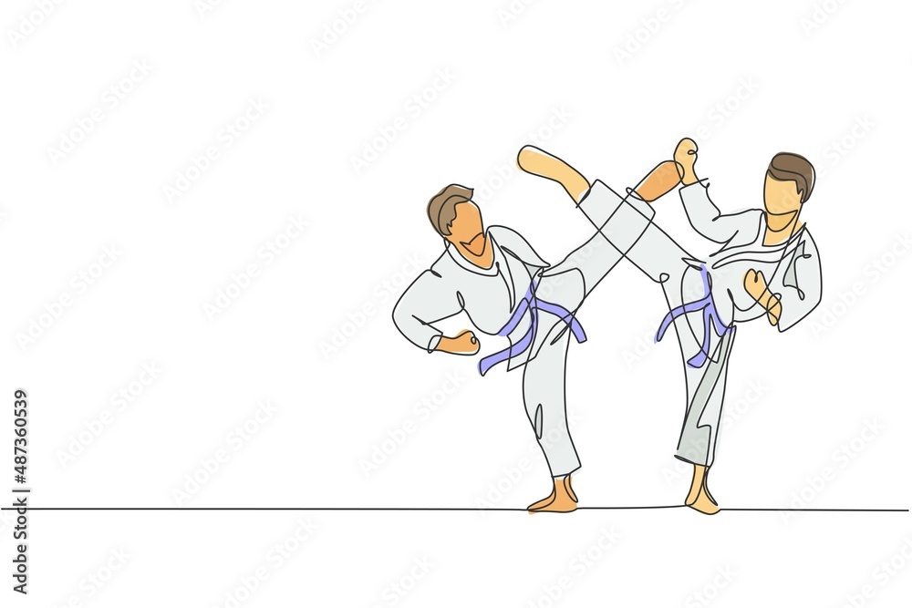 One single line drawing of two young sporty karateka men in fight ...