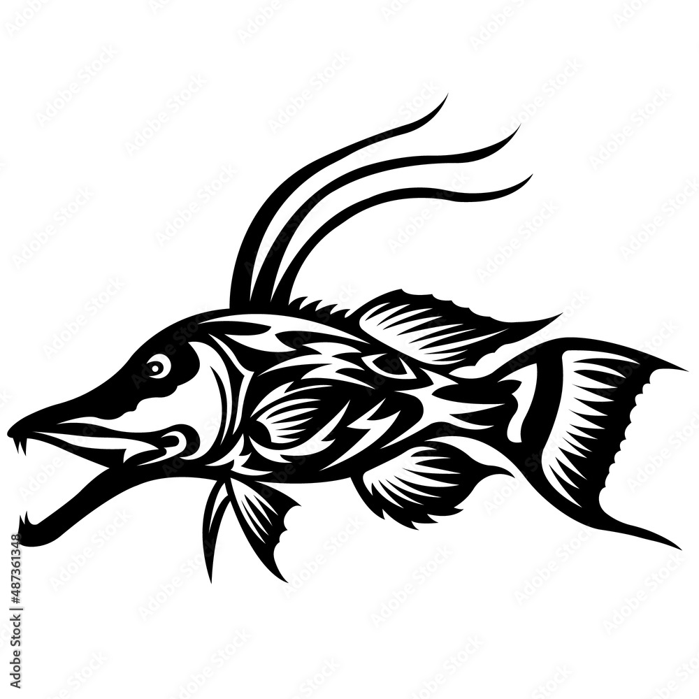 Vetor de Exotic, decorative fish predator. Emblems for t-shirts, logo ...