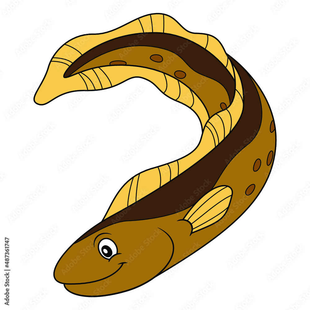 Eel cartoon style illustration with outline. Happy smiling face ...