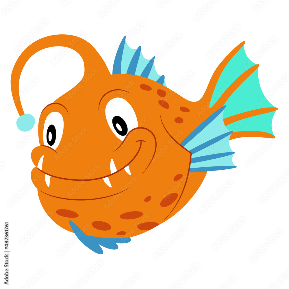 Angler fish flat style illustration. Happy smiling face. Cheerful ...