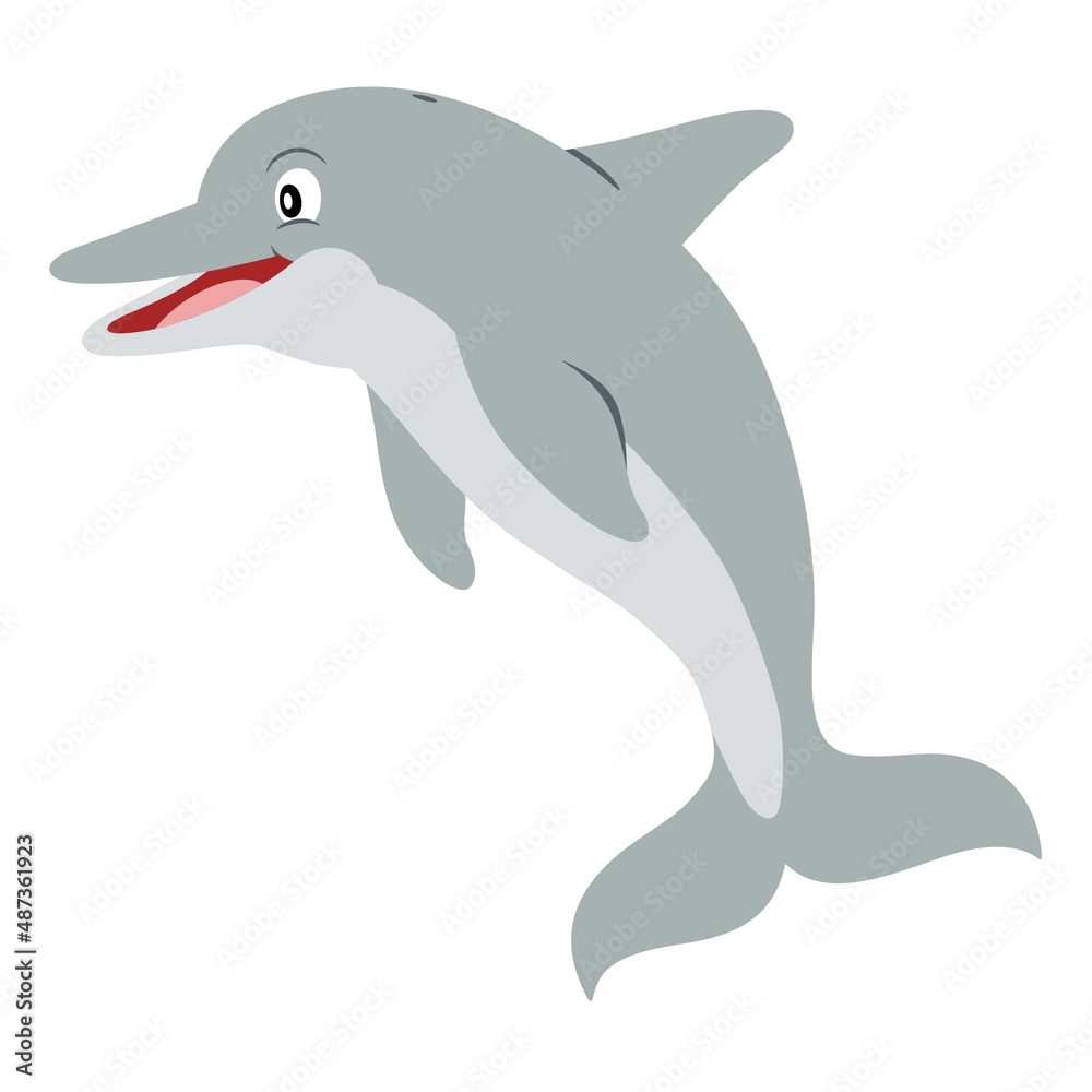 Gray dolphin flat style illustration. Happy smiling face, jumping ...