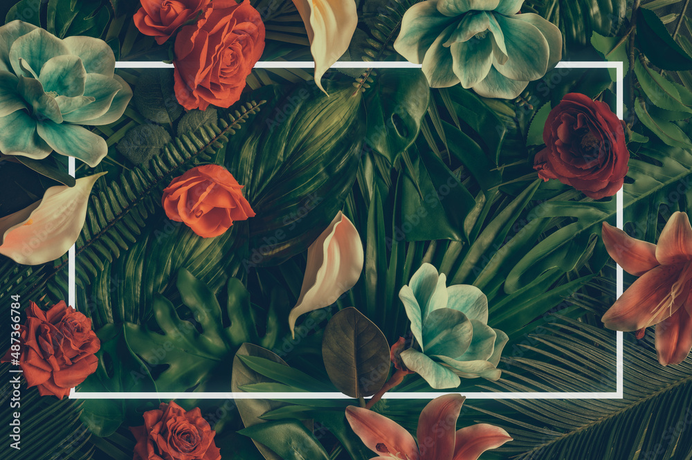 Square frame, Creative layout made of tropical flowers and leaves with ...