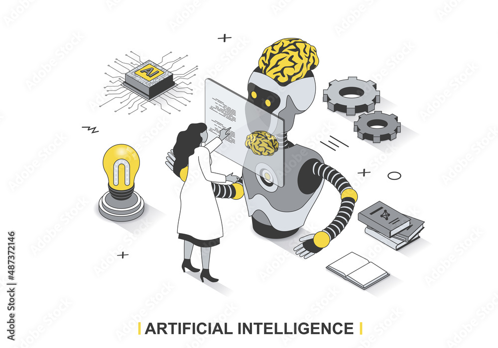 Vetor de Artificial intelligence concept in 3d isometric outline design ...