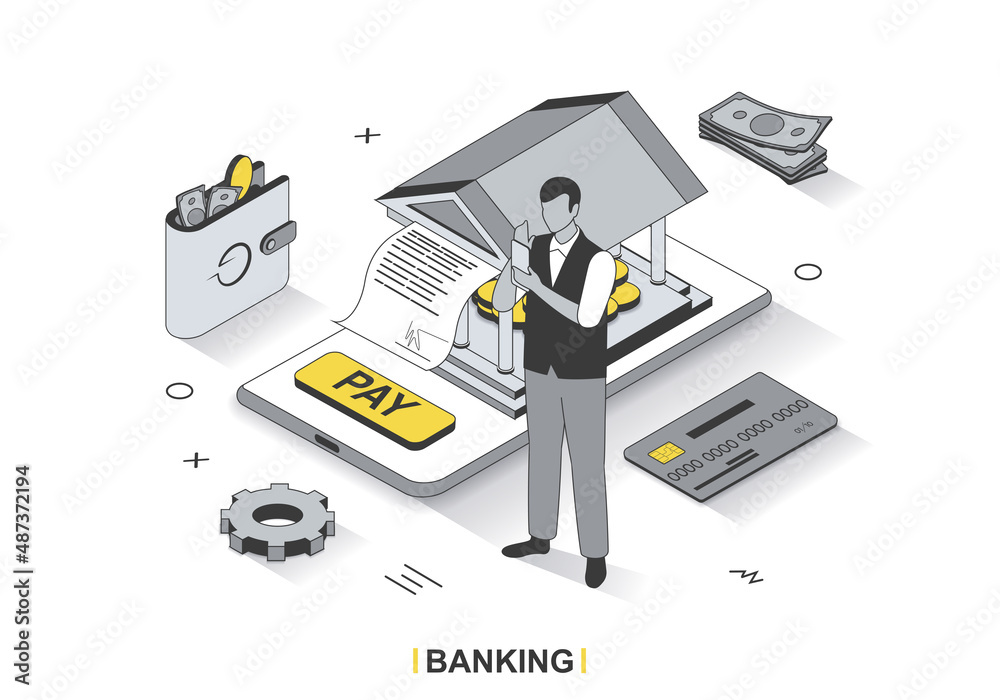 Banking service concept in 3d isometric outline design. Bank client ...