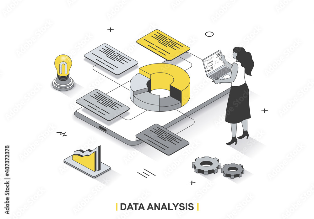 Data analysis concept in 3d isometric outline design. Woman studies ...