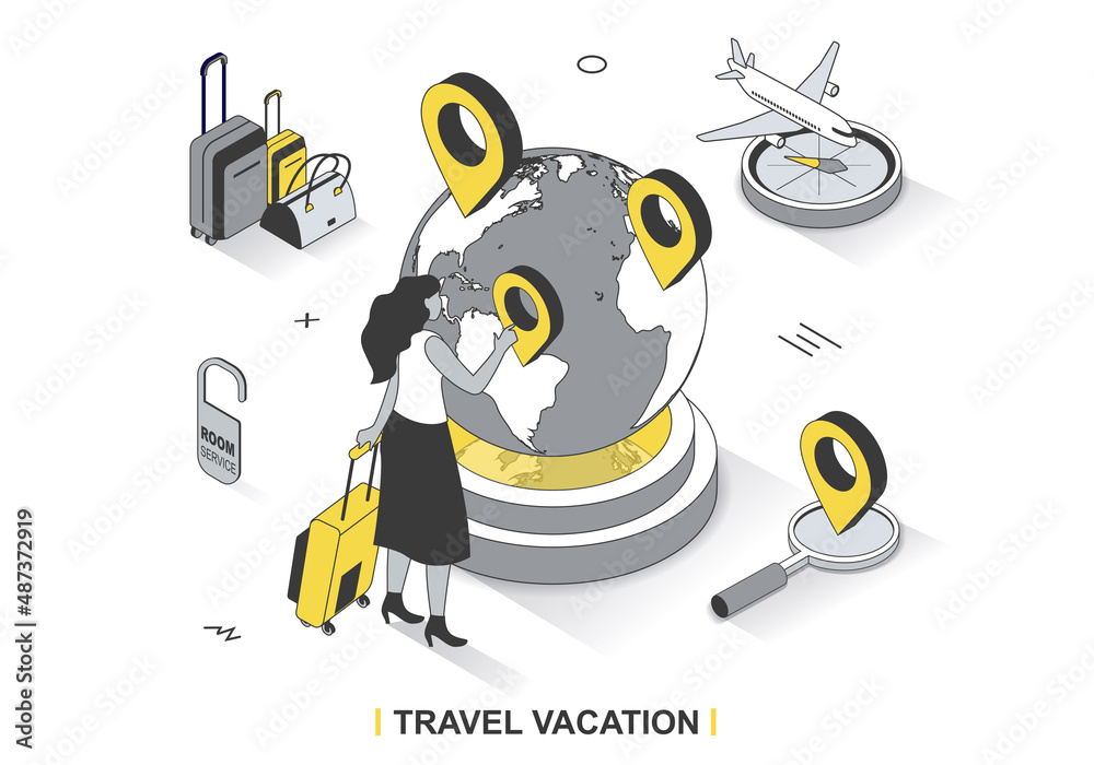 Travel vacation concept in 3d isometric outline design. Woman with ...