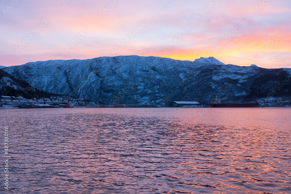 Beautiful scene during Polar night in Norway. Morning light over the ...