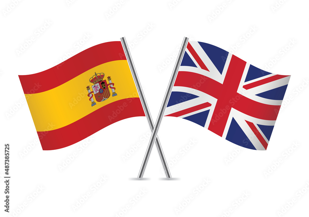 Spain and United Kingdom crossed flags. Spanish and British flags ...