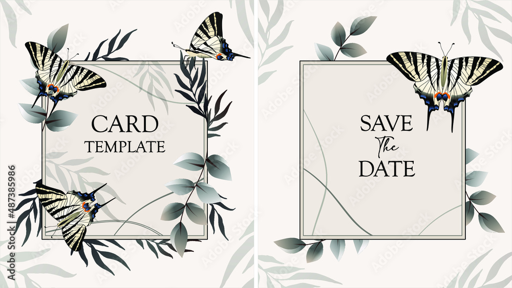 Invitation card template. Floral design with butterflies. Vector ...