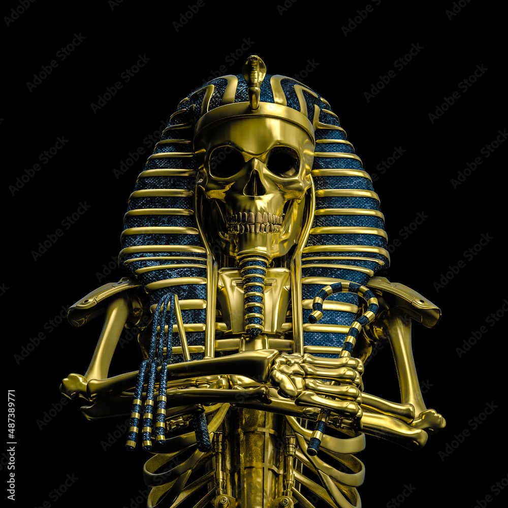 Gold pharaoh skeleton - 3D illustration of scary evil golden metallic ...