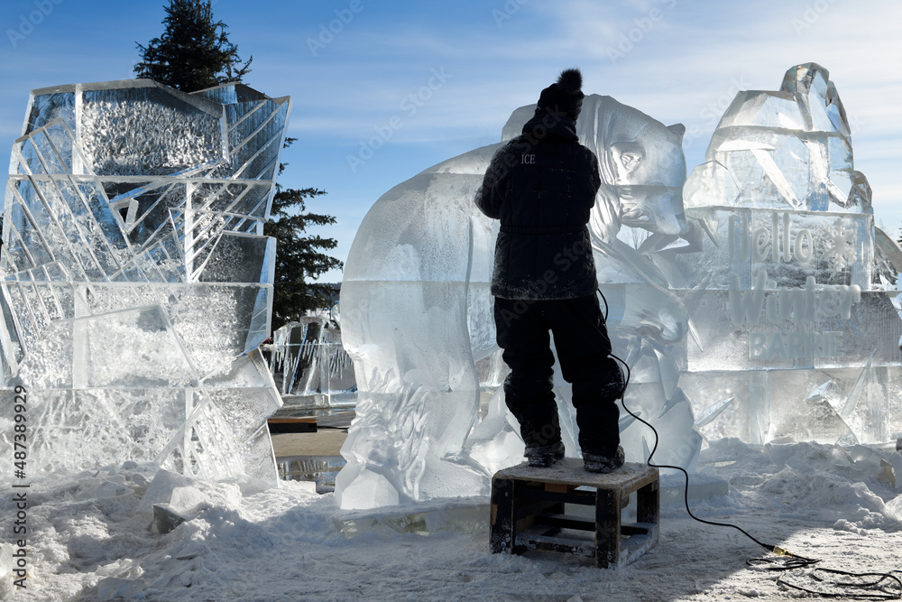 Female sculptor working on carving an ice sculpture of a Polar Bear at ...