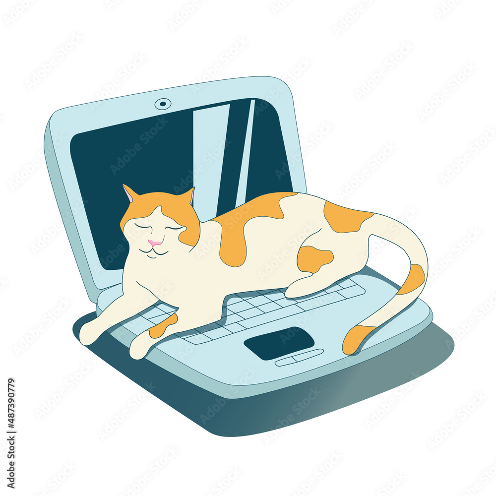 Cartoon cat laying and sleeping on the laptop Stock Vector | Adobe Stock