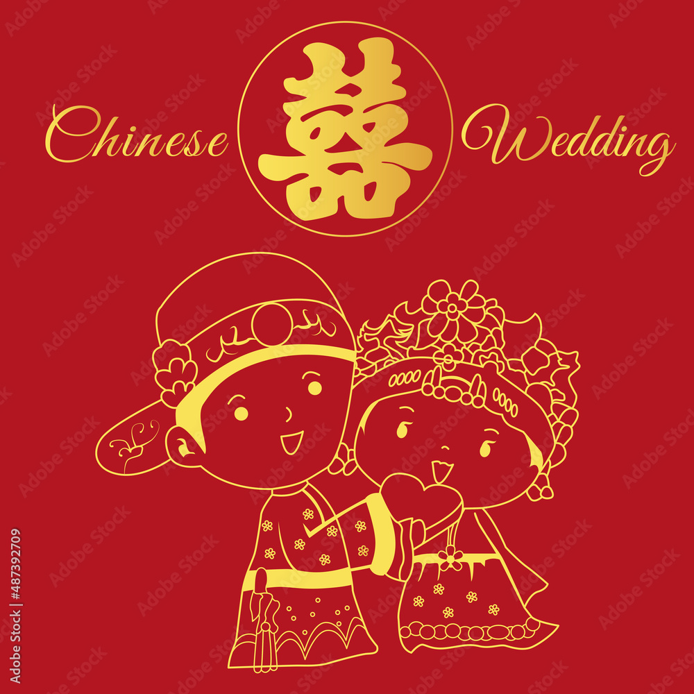 Traditional Chinese Wedding Illustration Golden Line Art in Red ...