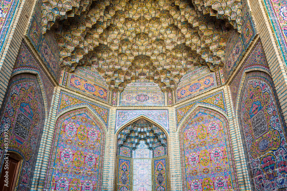 Nasir ol Molk Mosque, also known as Pink Mosque, exterior. Pink Mosque ...