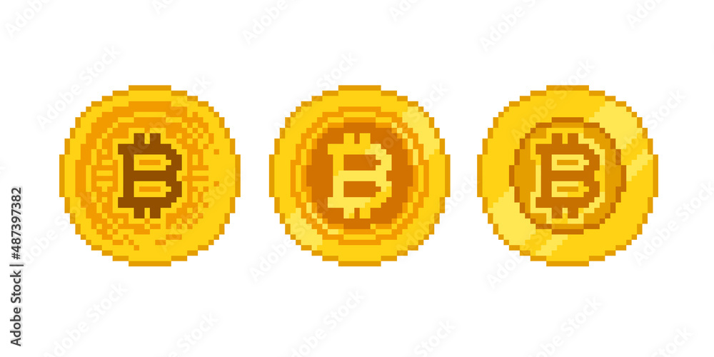 Pixel Art Bitcoin blockchain cryptocurrency gold coin icon - isolated ...
