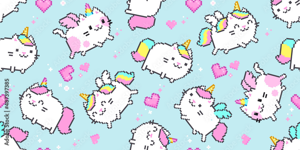 Cute Pixel Art Cat Unicorn or Caticorn seamless pattern on blue ...