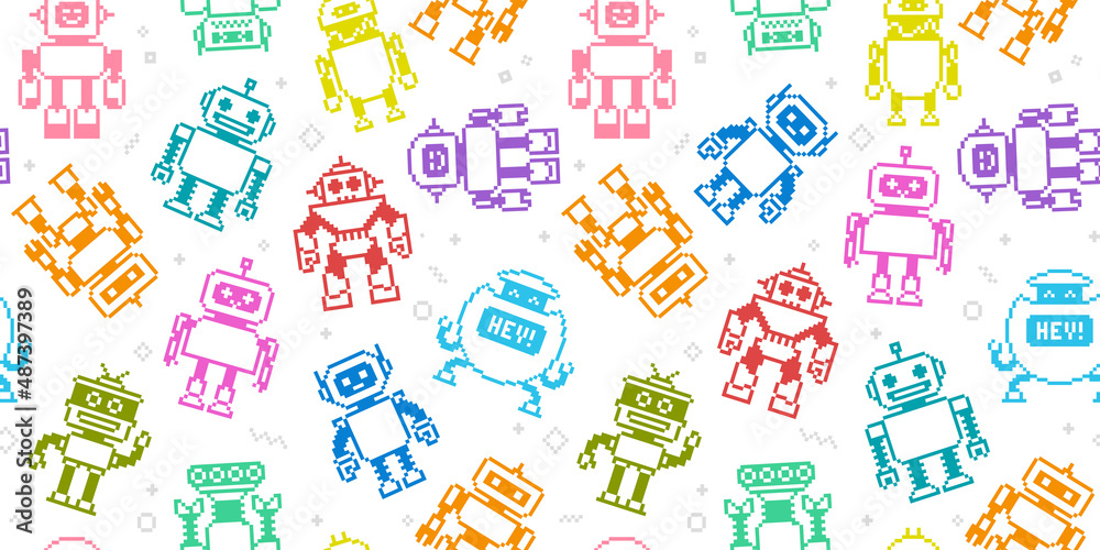Seamless pattern of Cartoon robots and aliens in 8-bit retro game style ...