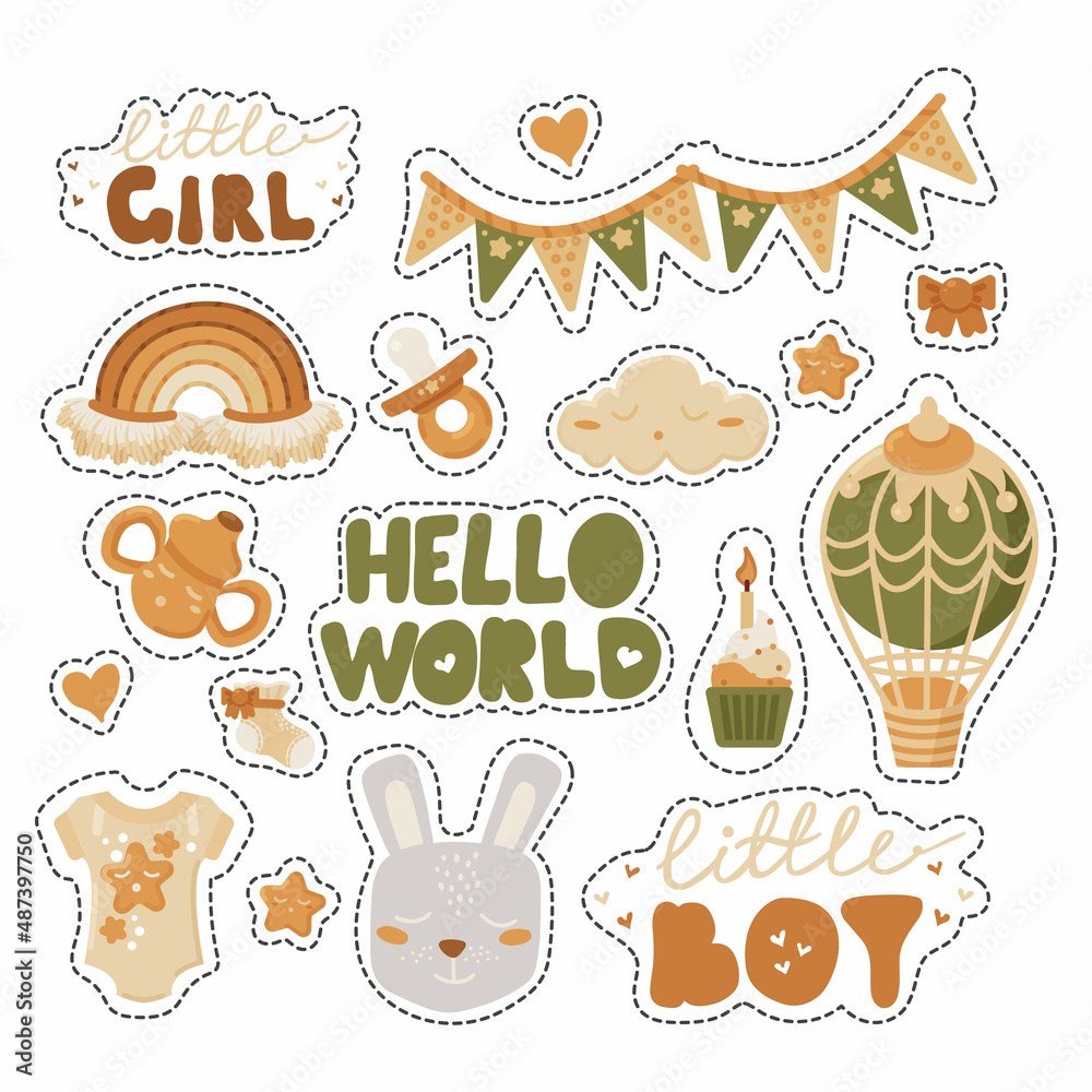 Stickers with cute gender party and baby shower objects in doodle and ...