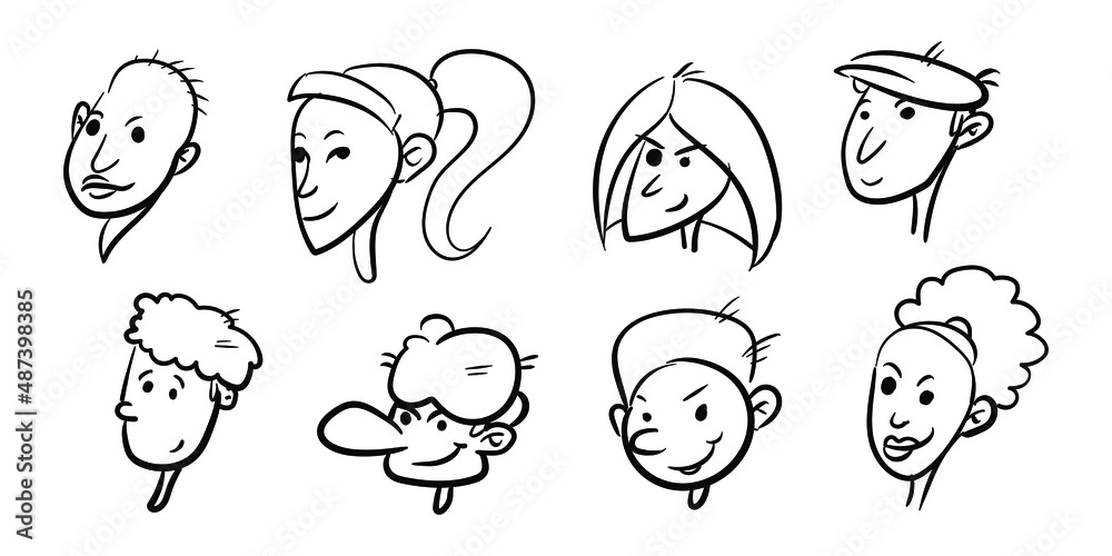 Set of cute cartoon face of a human. Freehand line drawing vector ...