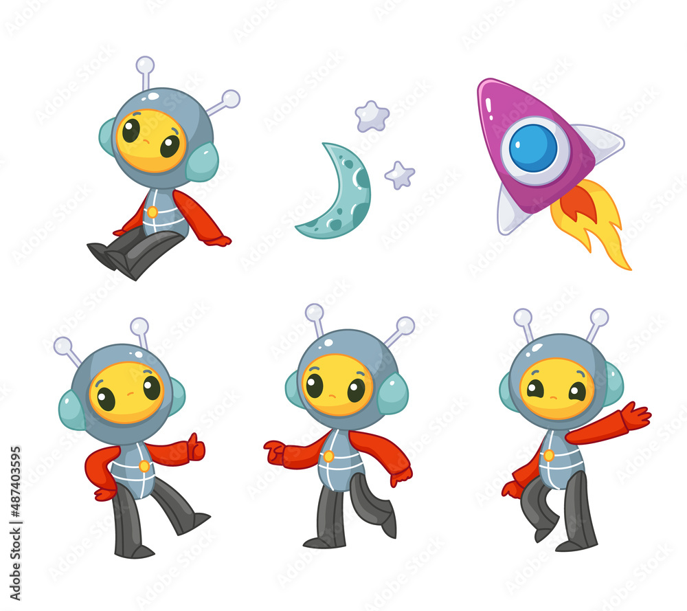 Set of cute cartoon aliens in space suits, moon, stars and rocket for ...