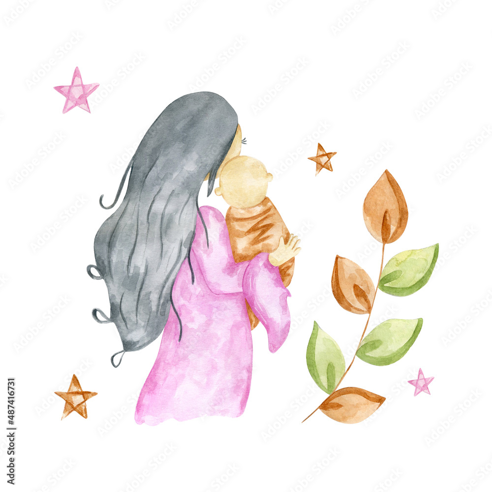 Hand draw mum with baby. Watercolor woman with black hair and newborn ...